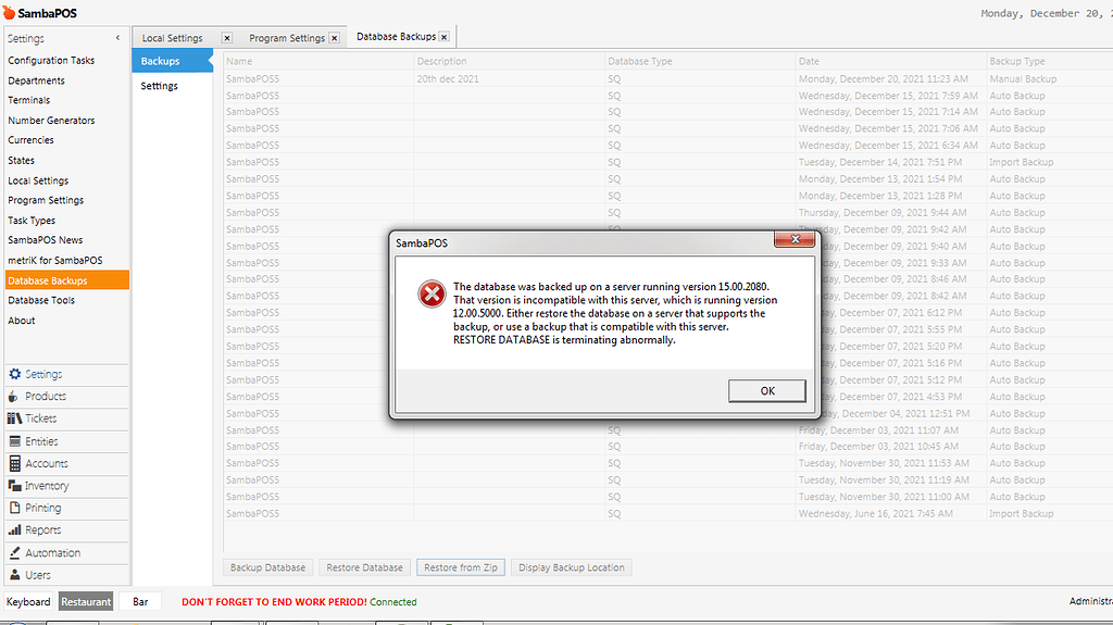 Cant be able to Restore Database - V5 Question - SambaClub Forum