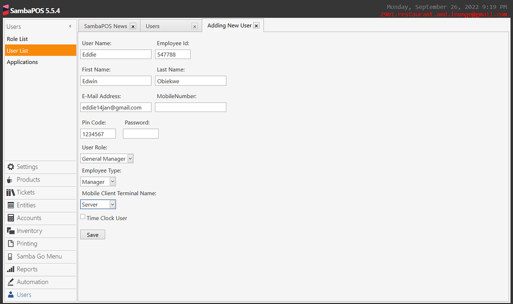 Sambapos v5.5.4 crashes, when creating a new user - V5 Issue - SambaClub Forum